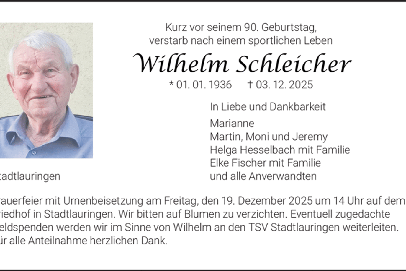 Nachruf Wilhelm Schleicher | BFV
